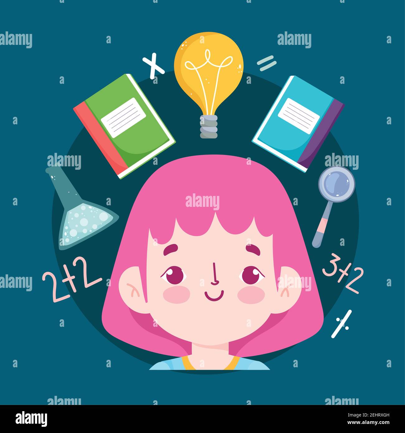 School student face girl book notebook magnifier creativity vector ...