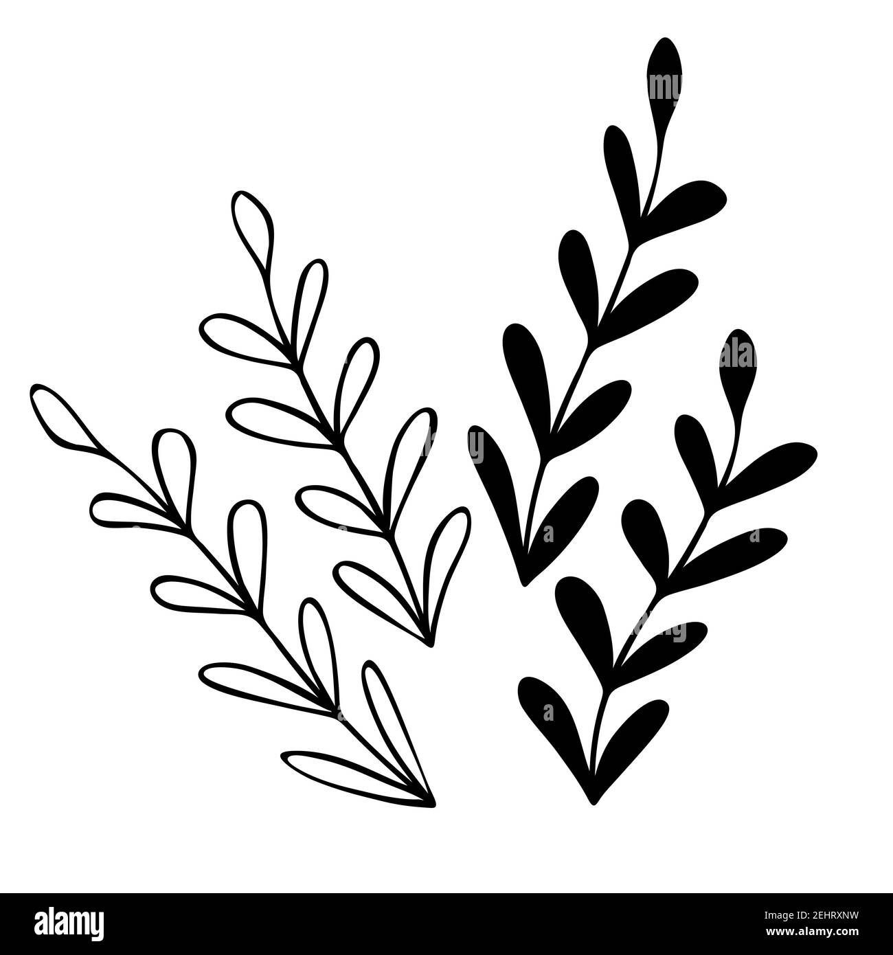 Hand drawn abstract floral sprig silhouette. Black and white outline ...
