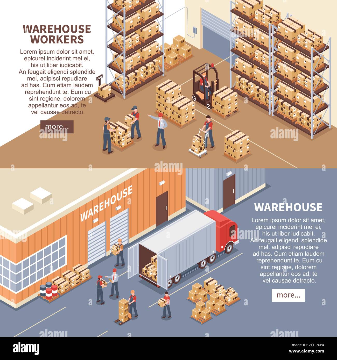 Warehouse horizontal banners set with delivery symbols isometric ...