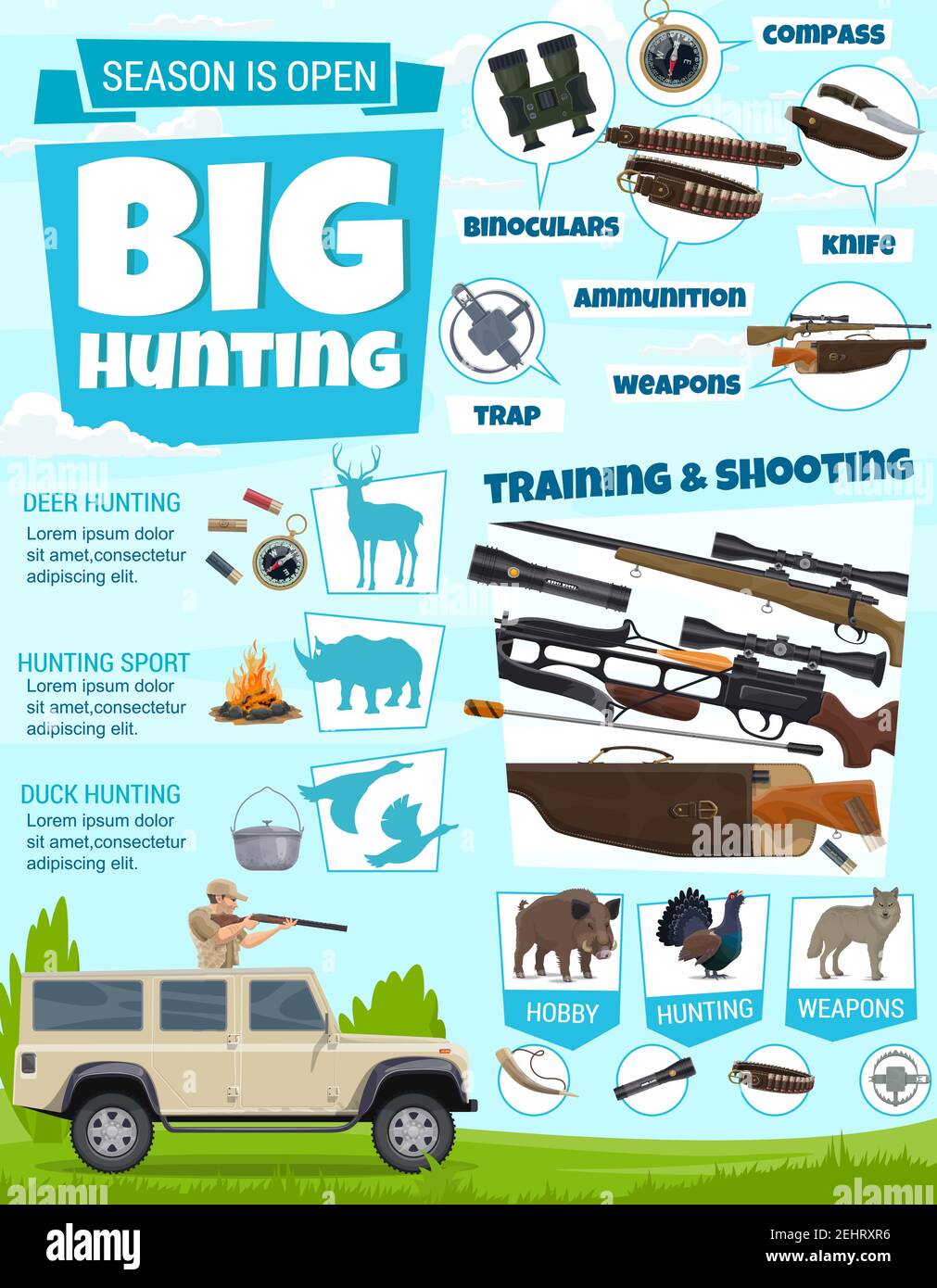 Vector duck bird and deer animal, hunter gun and cartridge belt ...