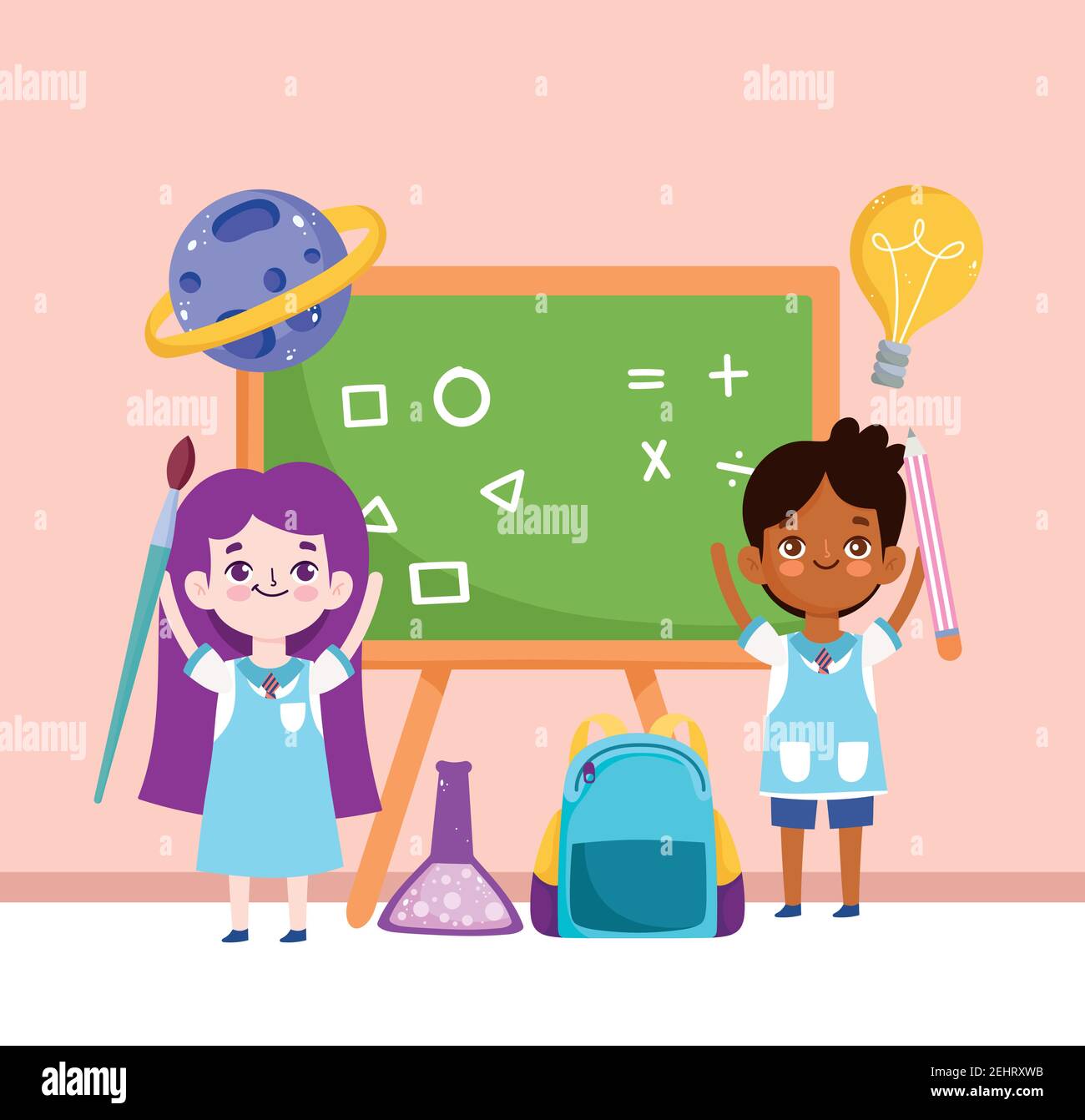 School cute girl boy students cartoon with blackboard bag classroom ...