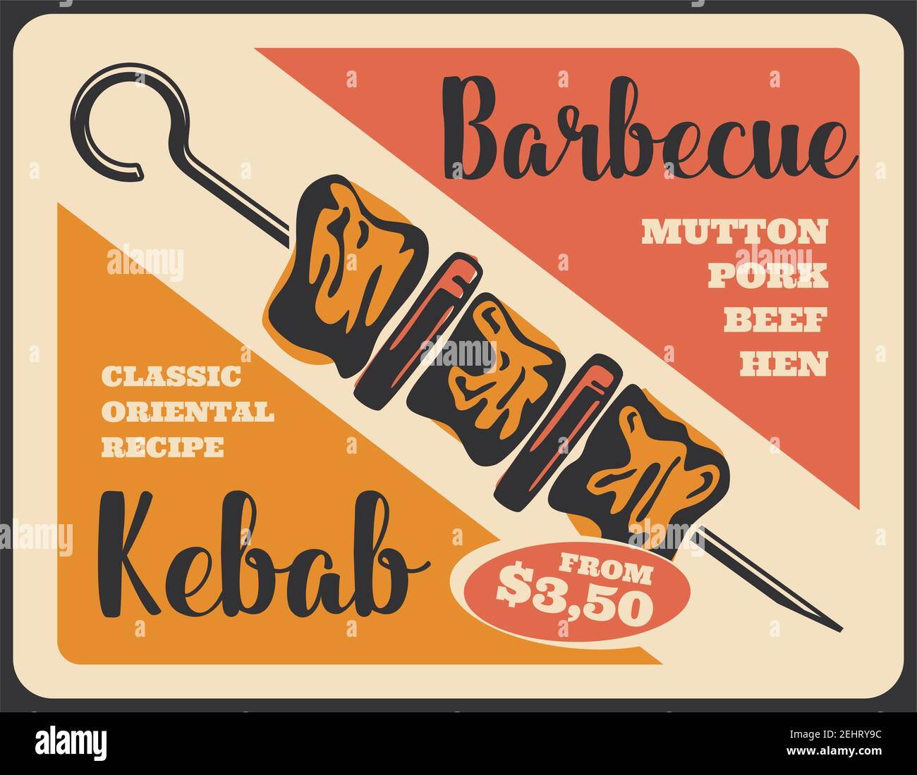 Kebab barbecue retro poster, grilled meat on skewer. Shish kebab with ...