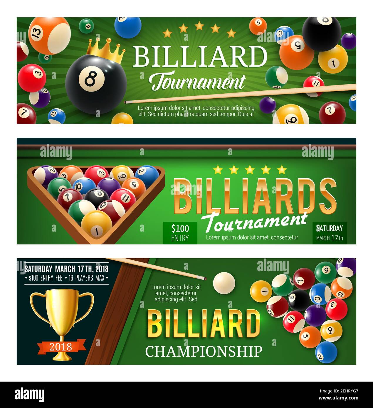 Billiards, snooker and pool sport game banners. Competition flyer ...