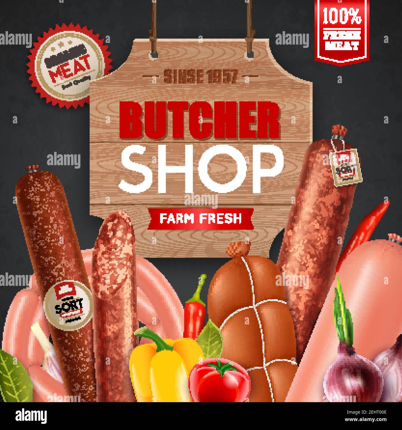 Butcher shop with fresh sausages and meat symbols realistic vector ...
