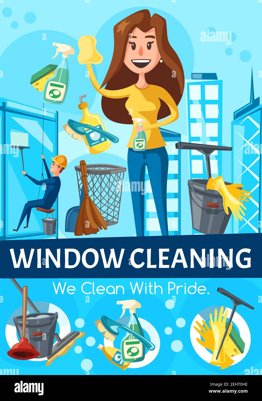 Window cleaning service. Window cleaner washing windows with squeegee ...