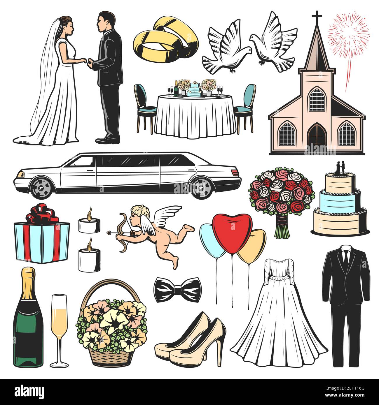 Wedding, marriage ceremony vector icons. Gift, love heart and cake ...