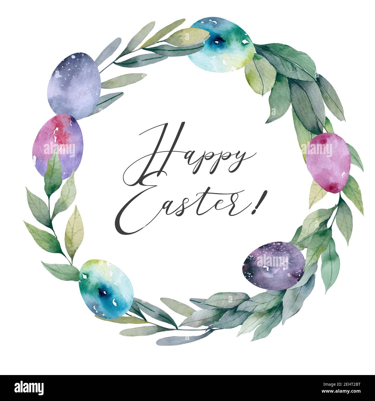 Easter wreath with eggs. Watercoor Happy Easter Objects. Realistic ...