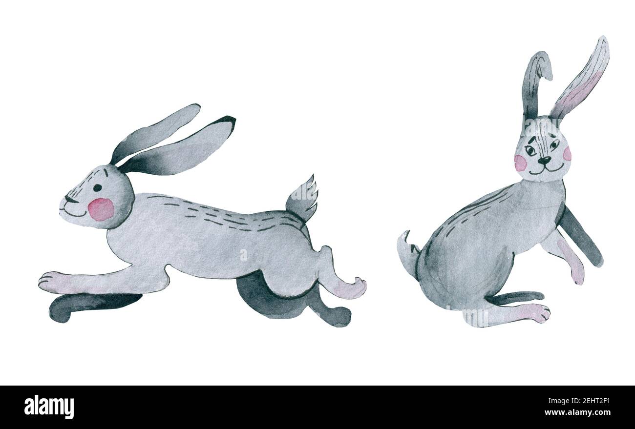 rabbit drawing set Set of watercolor cute rabbits in bright colors ...