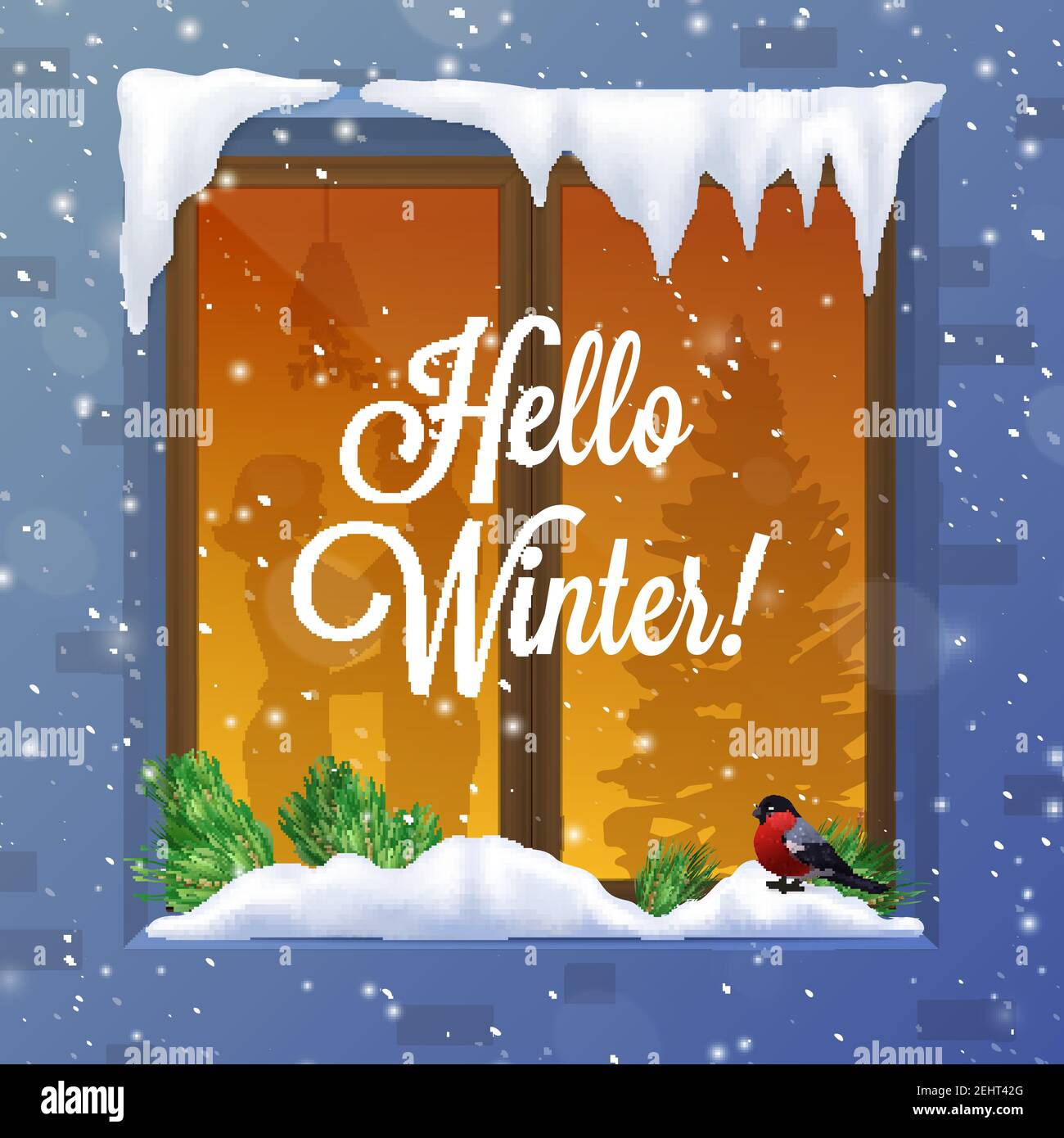 Winter and snow with window bird capes and piles realistic vector ...