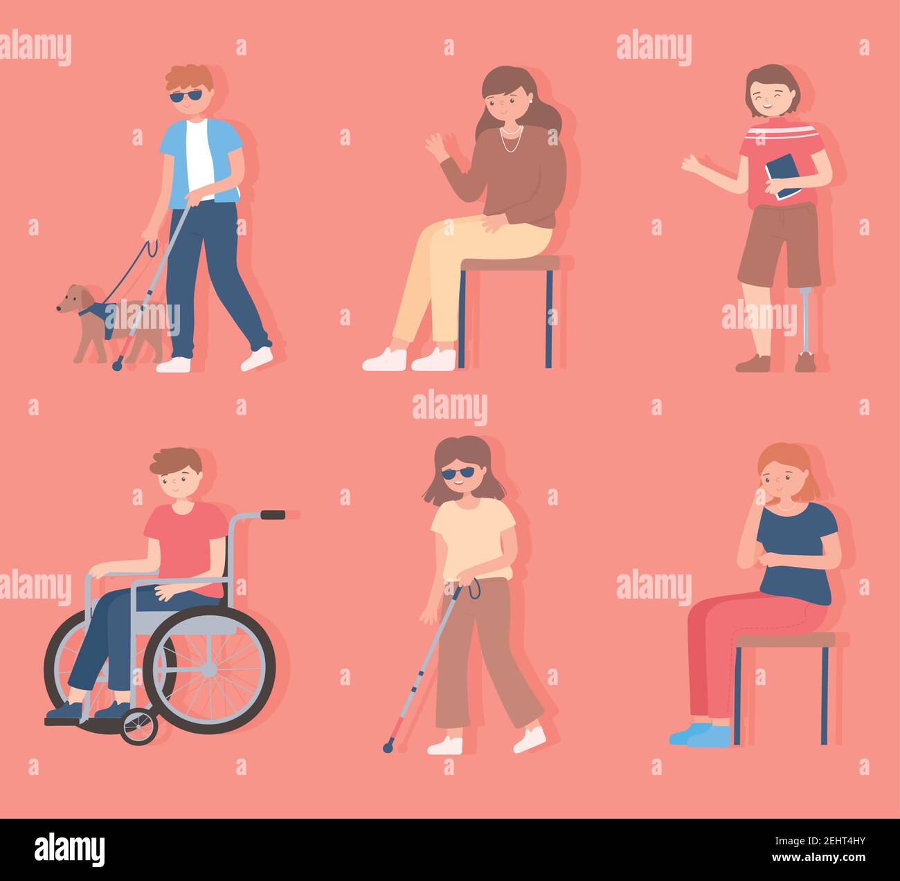 set of people disable, blind, walking and sitting characters vector ...