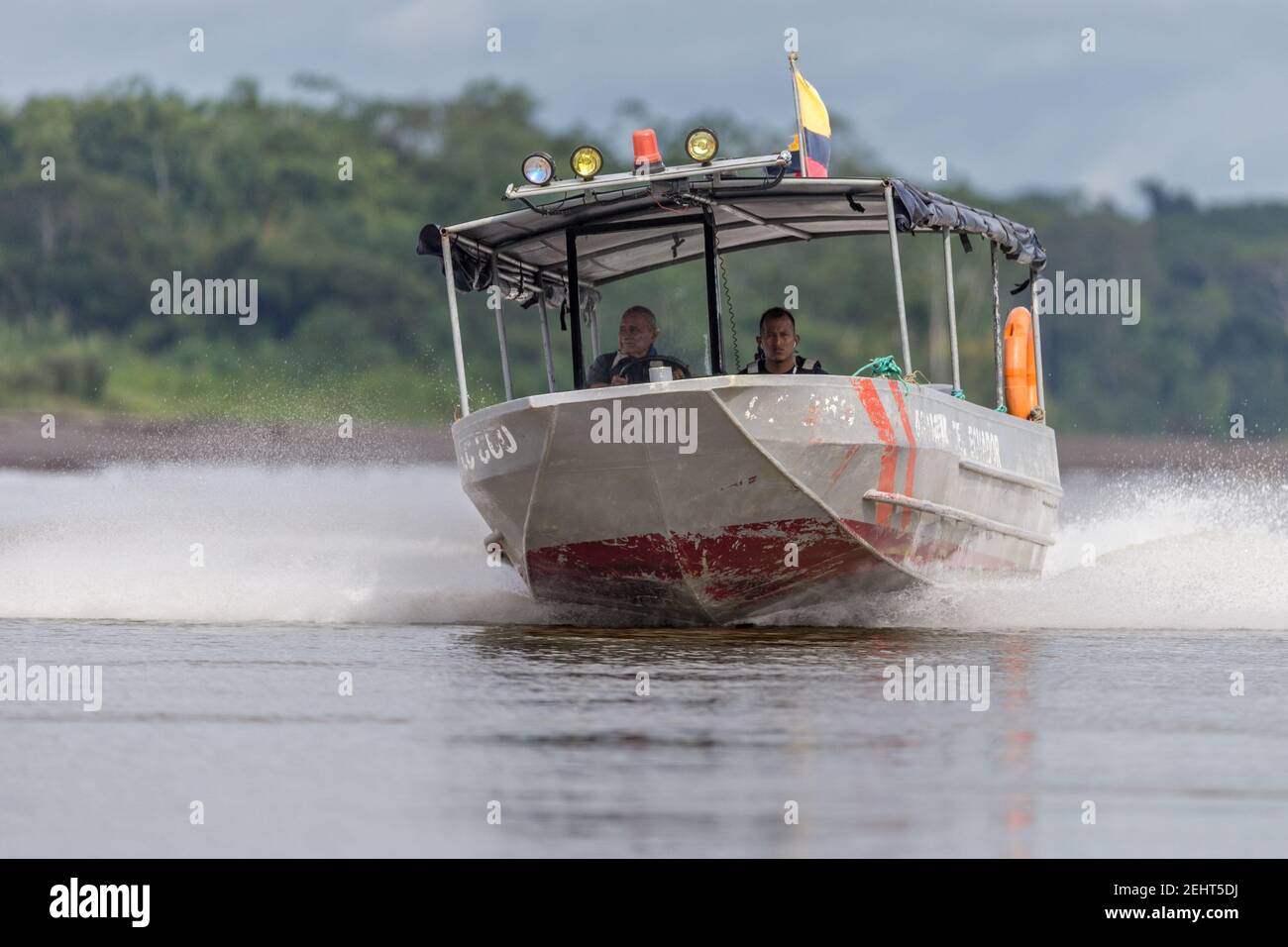Fast water bus, Napo River, Amazon rainforest, Yasuni National Park ...
