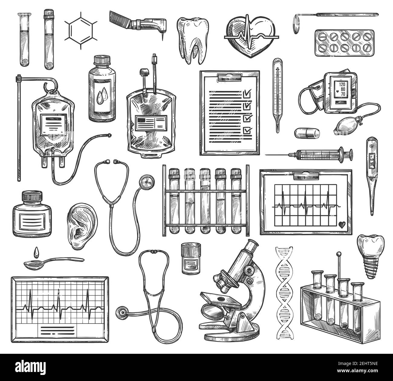 Medical surgery, hospital therapy medicine equipment. Vector sketch of ...