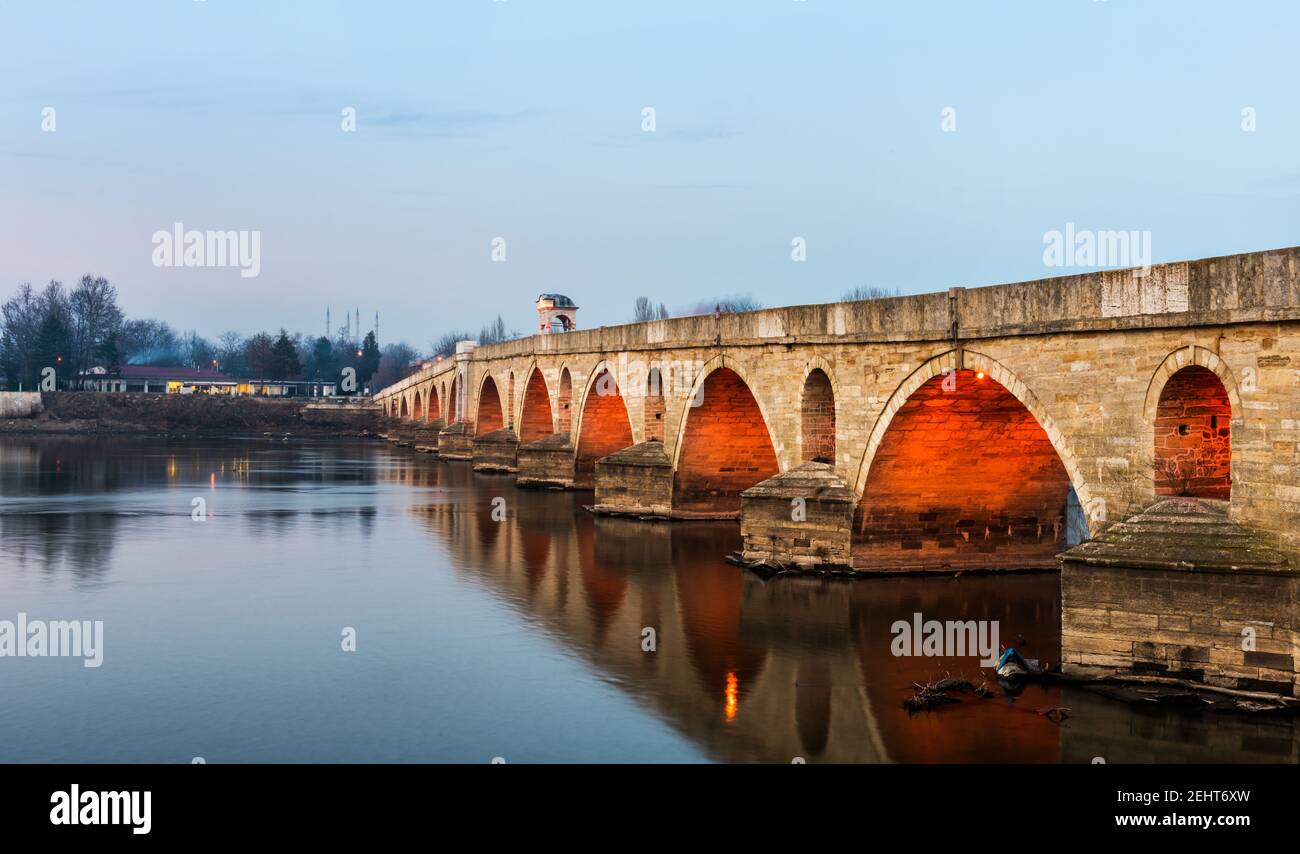 EDIRNE, TURKEY. Meric Bridge (Mecidiye Bridge) above Meric River Stock ...
