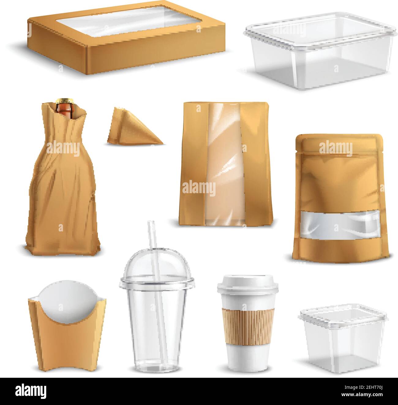 Fastfood empty packages realistic set with clear plastic coke cup paper ...