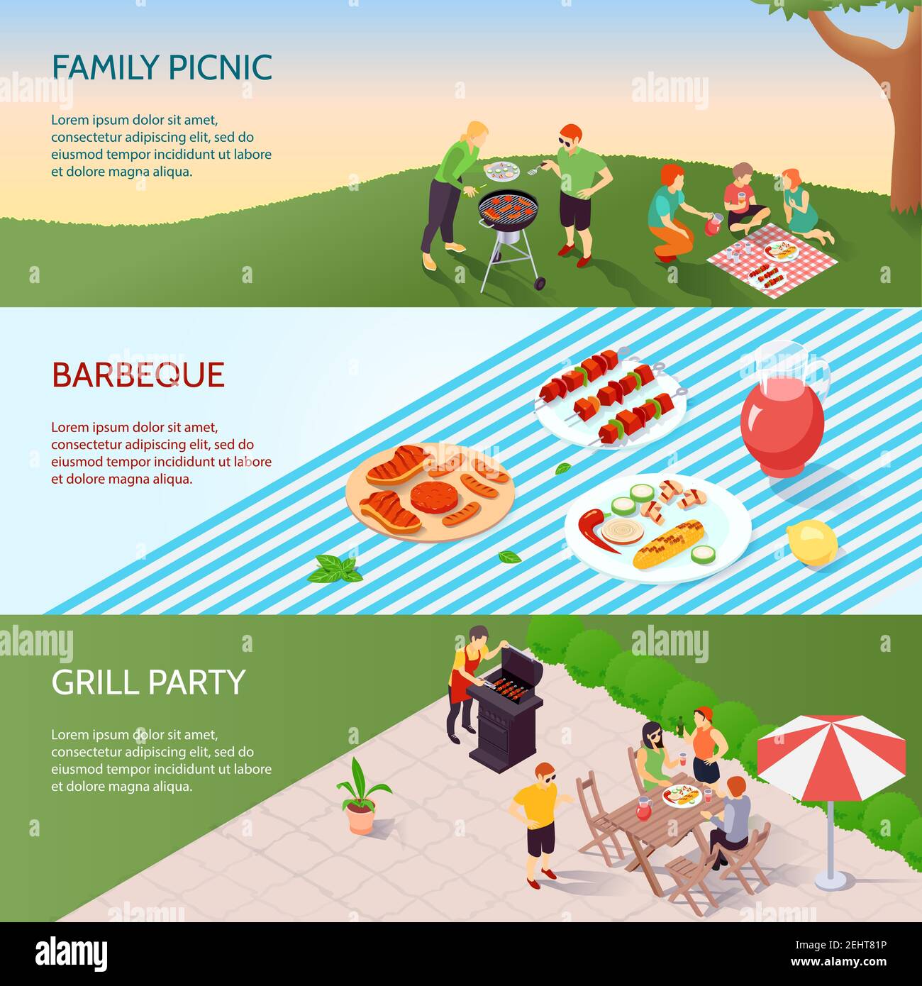 Set of horizontal isometric banners with grill party, family picnic ...