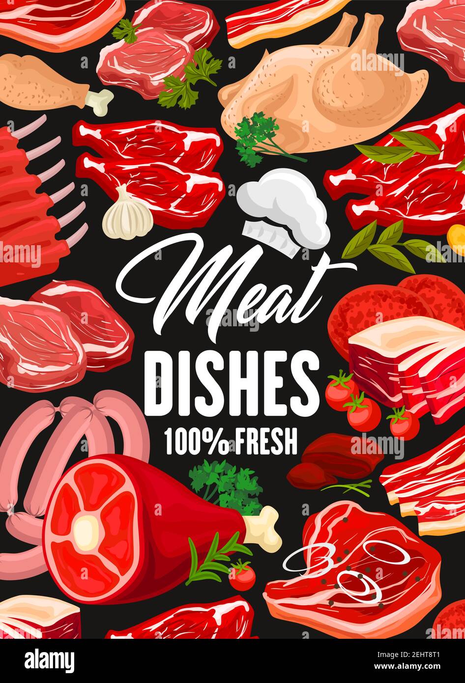 Meat, sausages and poultry products, butcher shop. Vector turkey ...