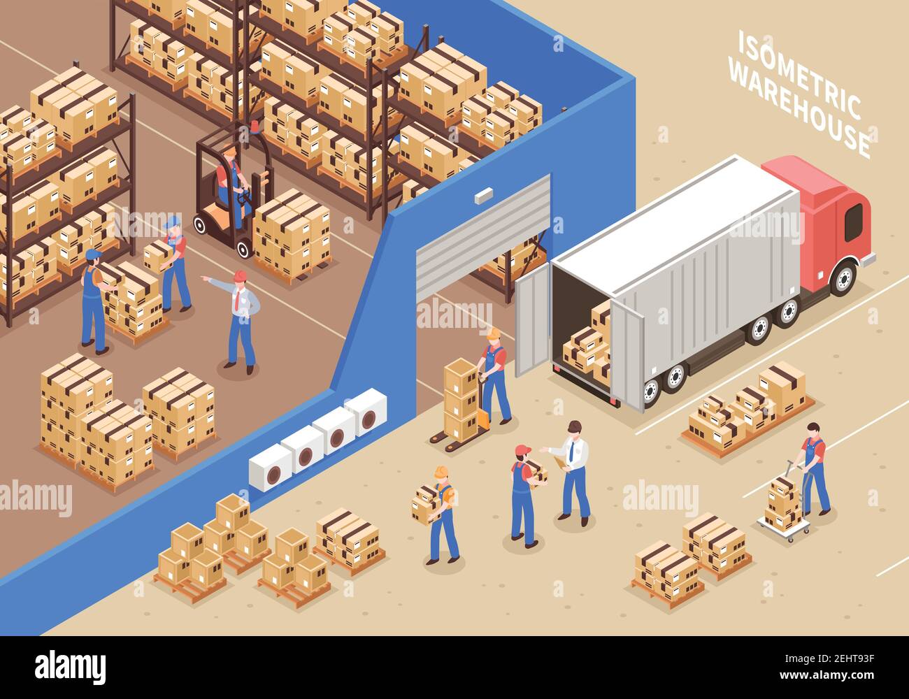 Logistics and warehouse background with workers and cargo symbols ...