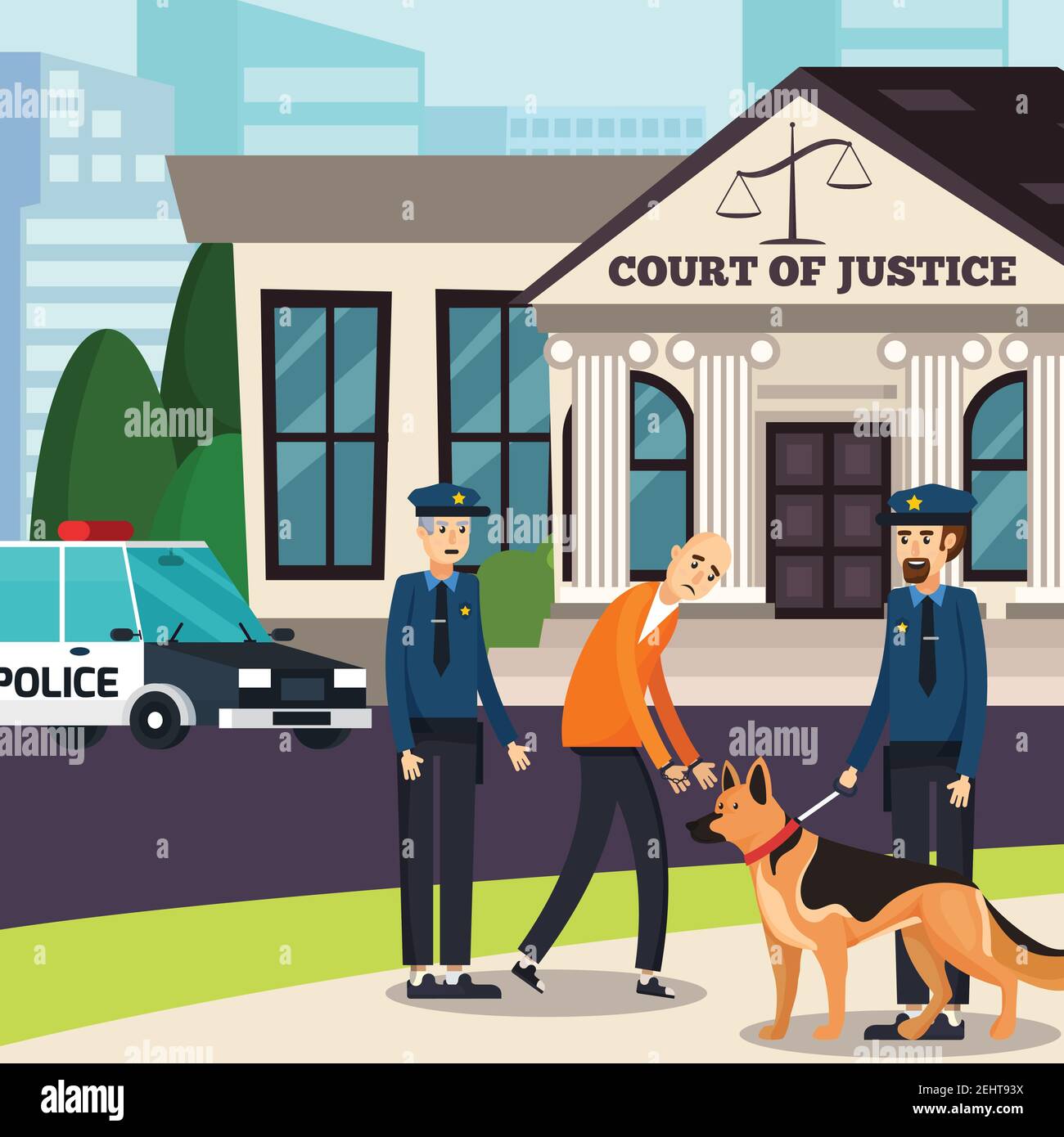 Policemen with dog and suspected in handcuff on background of court ...