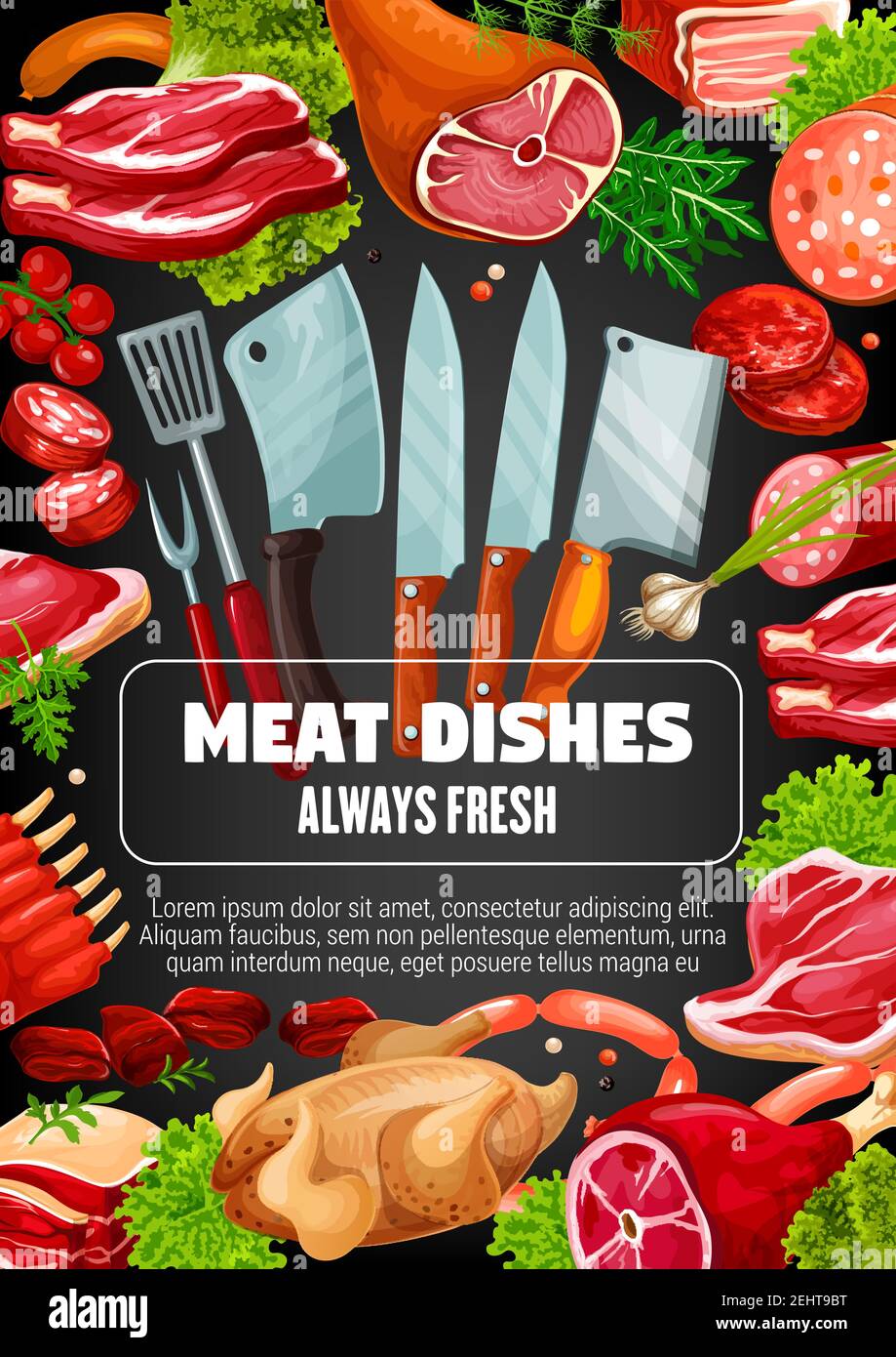 Meat sausages and butcher chef cutlery, gourmet dish cooking. Vector ...