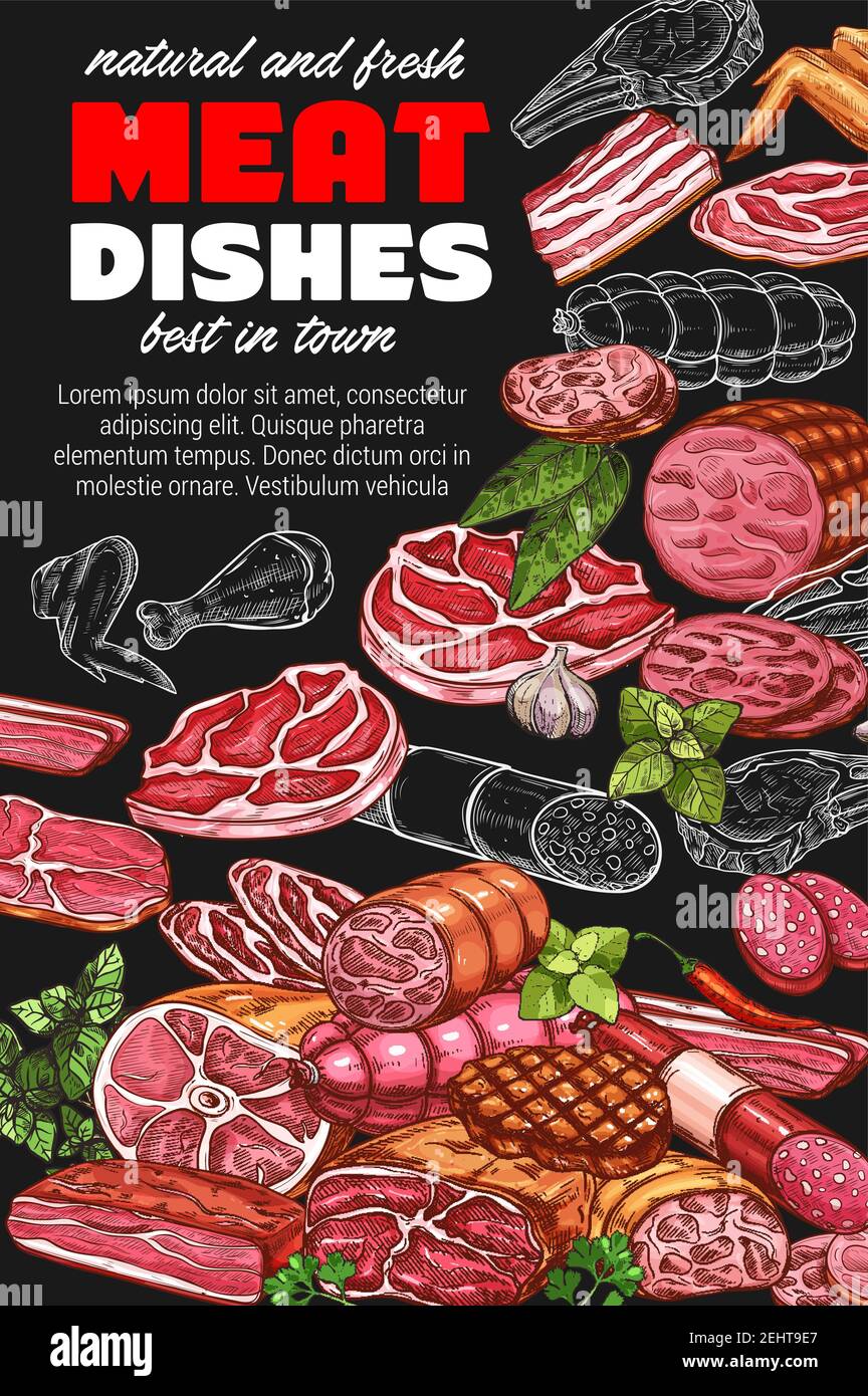 Meat dishes sketch, restaurant or grocery store. Vector meat beef steak ...