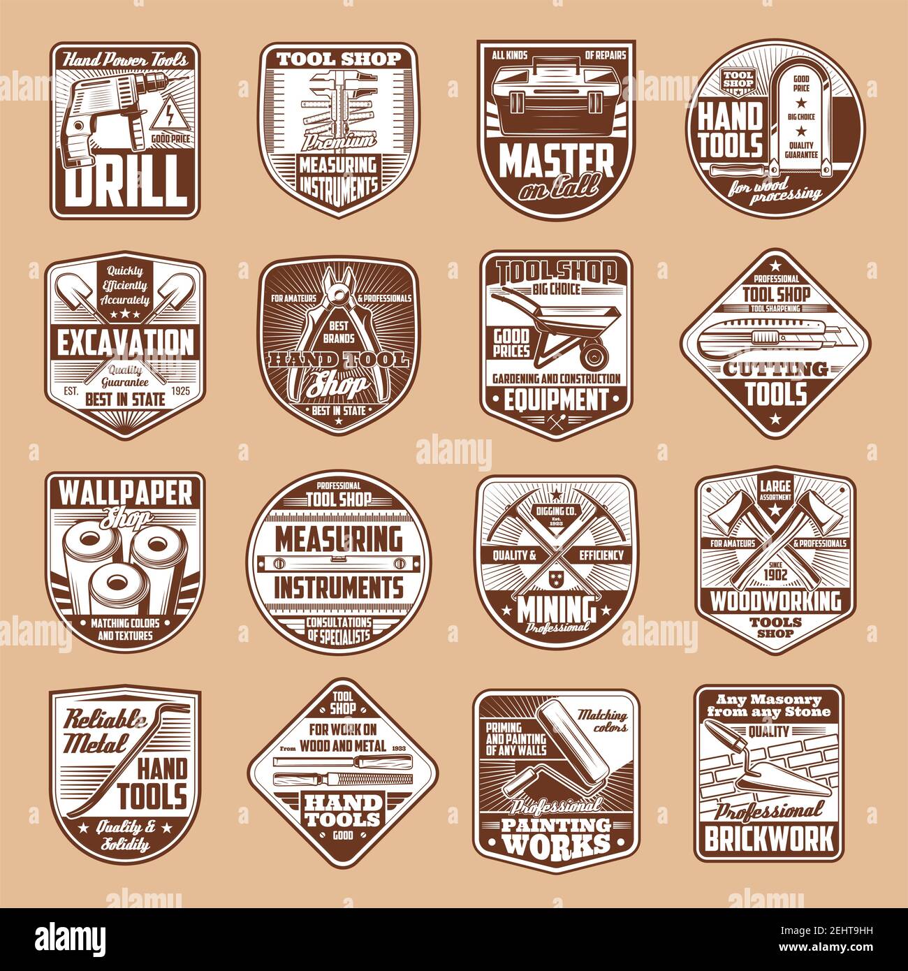 Tools vector icons with hammer, drill and ruler, spanner, paint roller ...