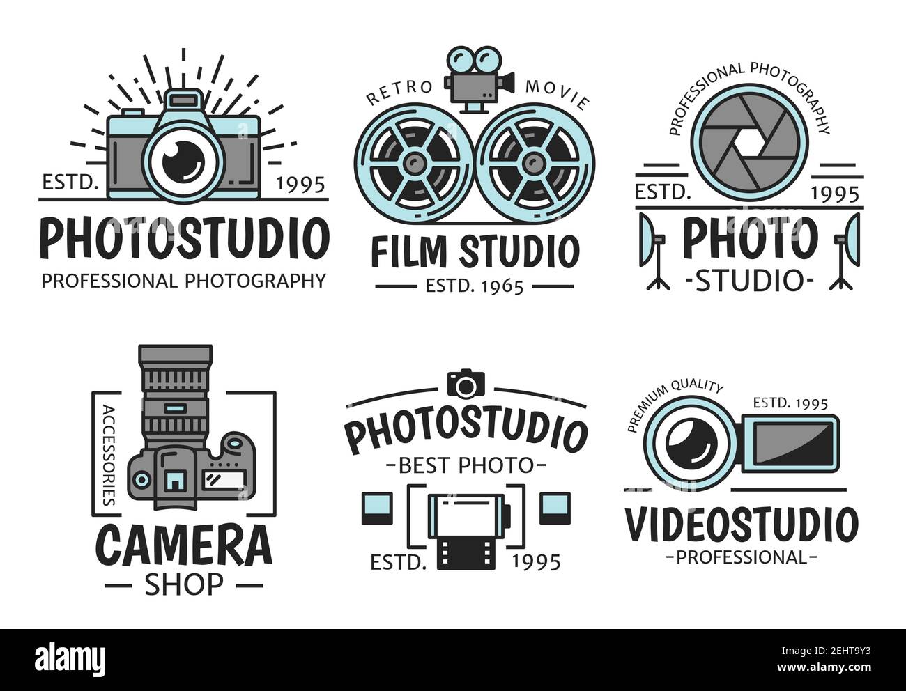 Photographer school or film studio icons. Vector symbols of retro video ...