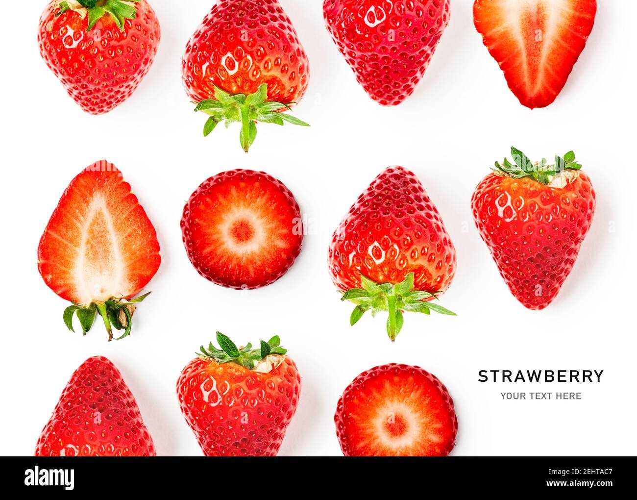 Fresh strawberry fruits and leaves composition and creative layout on ...