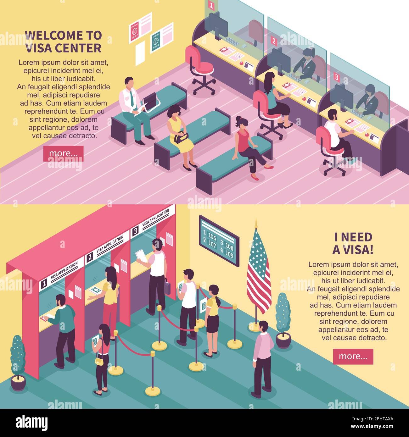 Visa center horizontal banners set with interview symbols isometric ...