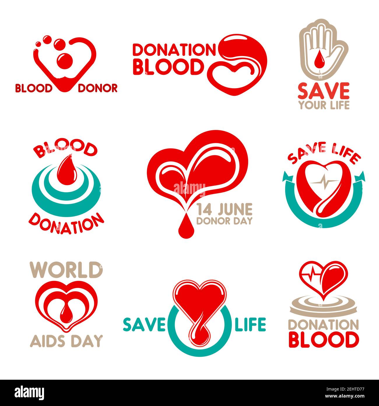 Blood donation icons for World Blood Donor Day symbol. Red drop, heart ...