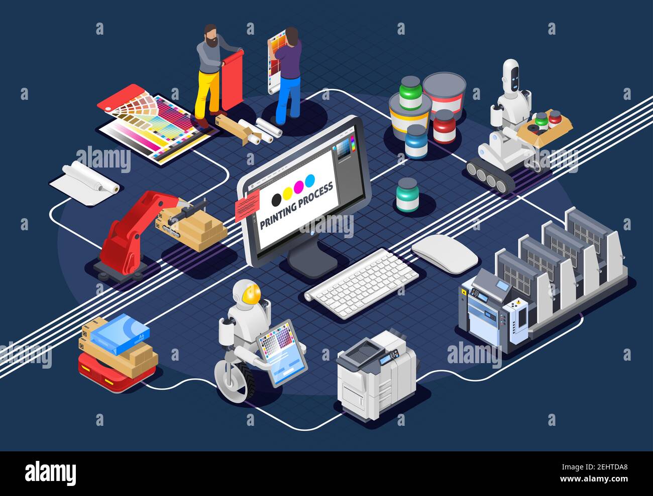 Printing house polygraphy industry isometric composition with human characters robotic ...