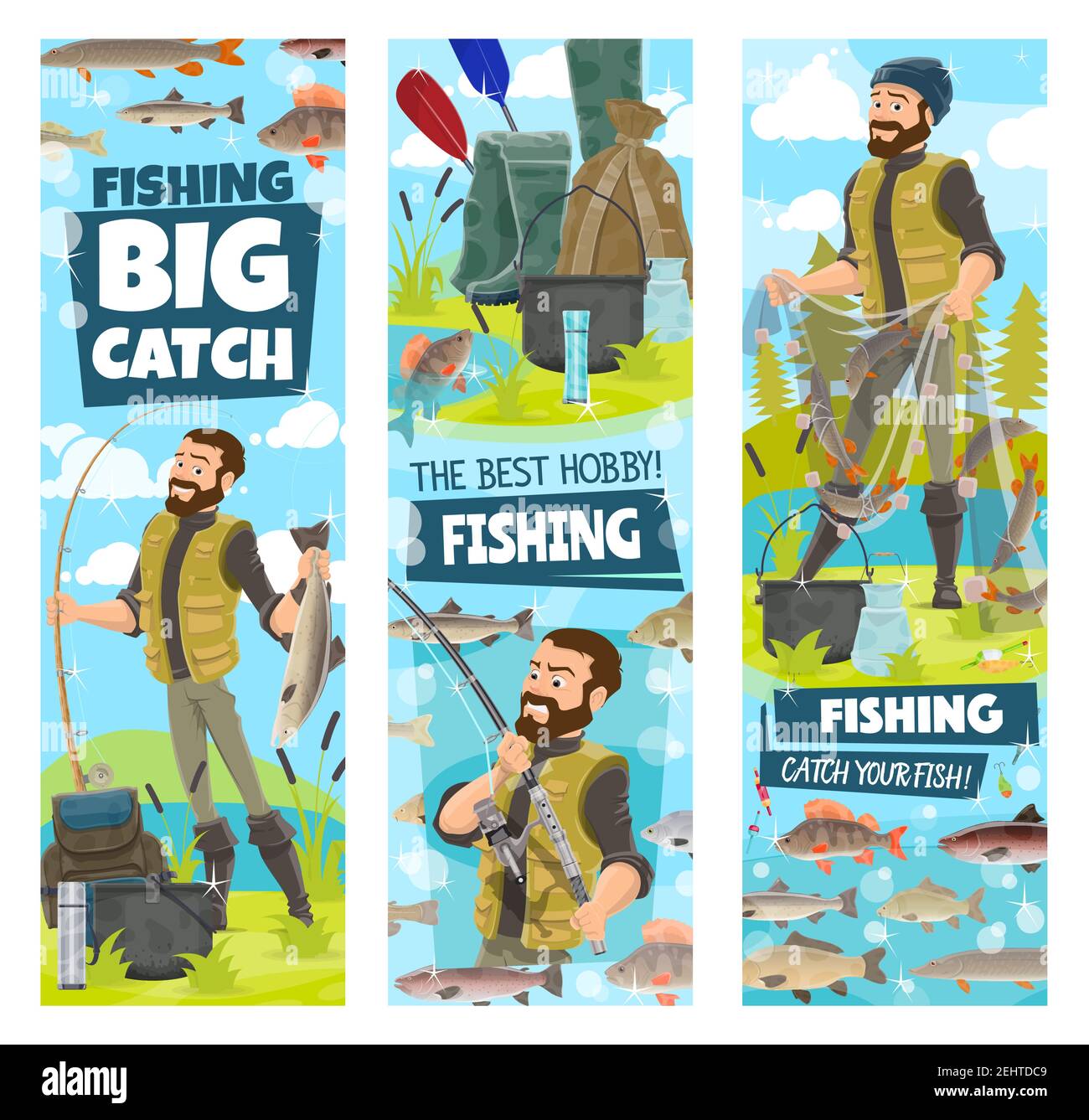 Fishing banners for big catch poster with fisher man. Vector cartoon ...