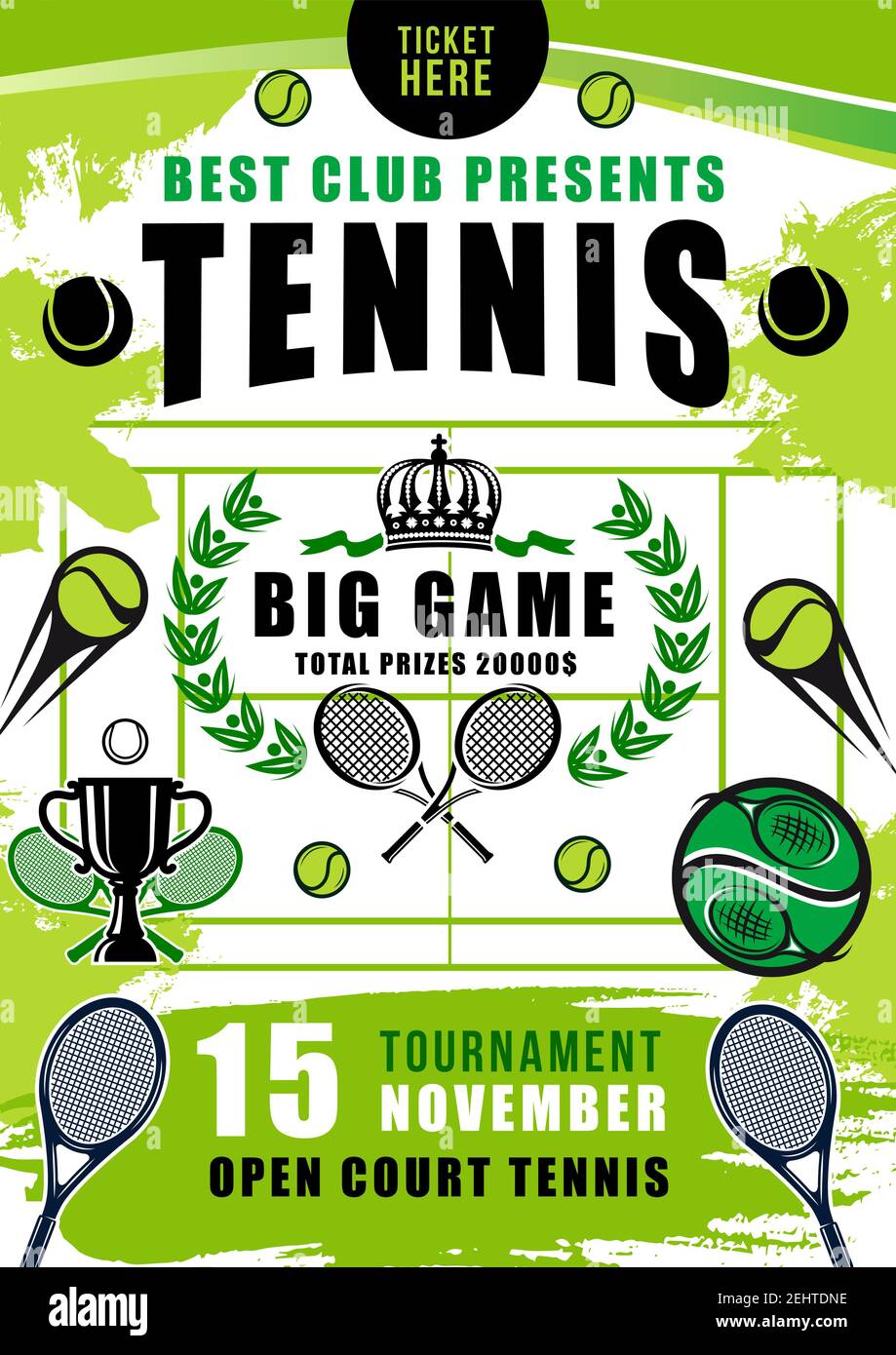 Tennis sport club tournament invitation poster. Vector tennis balls ...