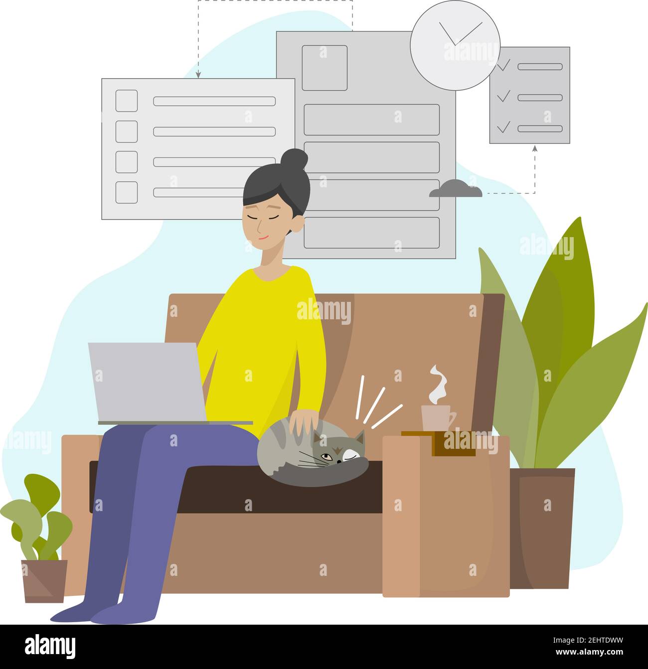 Girl work at home with cat. Home work place. Freelance home office ...