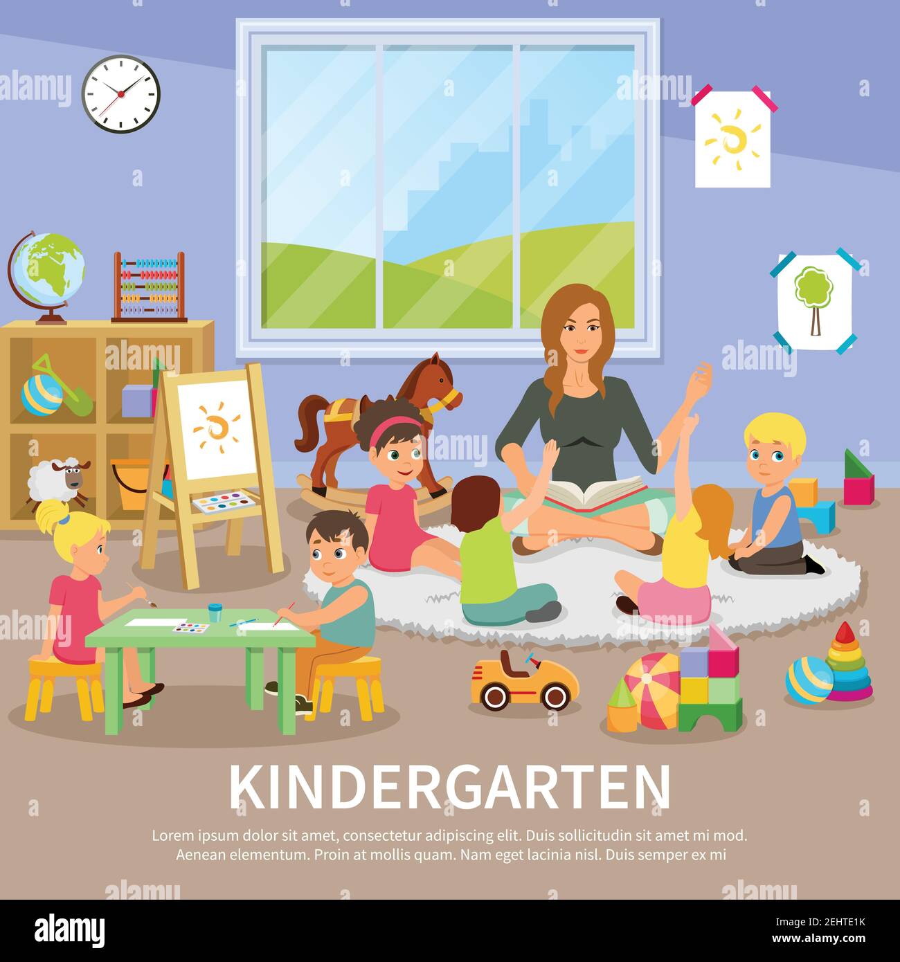 Kindergarten flat composition with educator working with children, kids ...