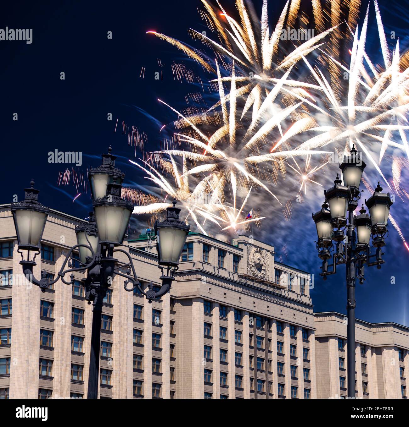 Fireworks over the building of The State Duma of the Federal Assembly ...