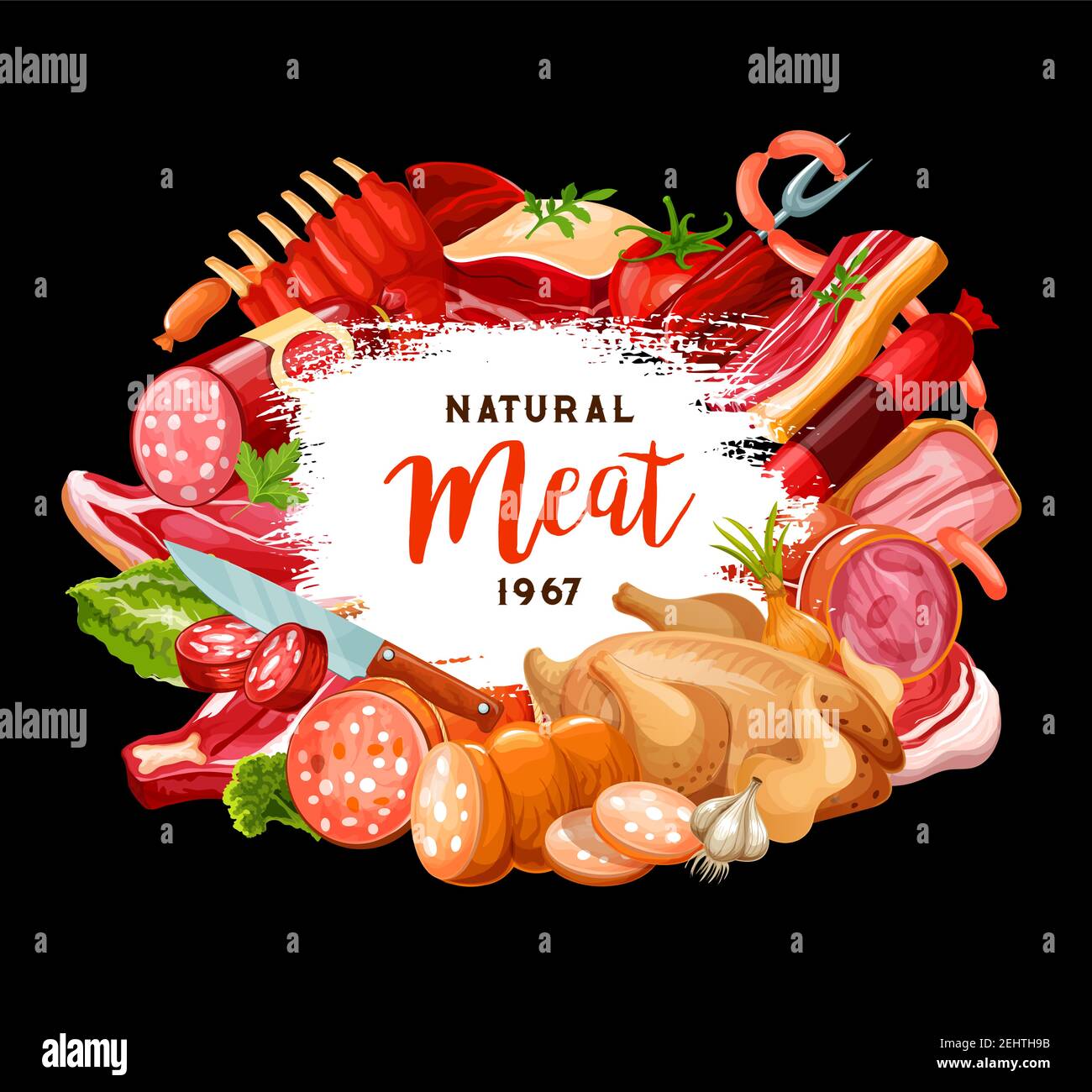 Meat sausages poster for butcher shop or gourmet cooking and restaurant ...