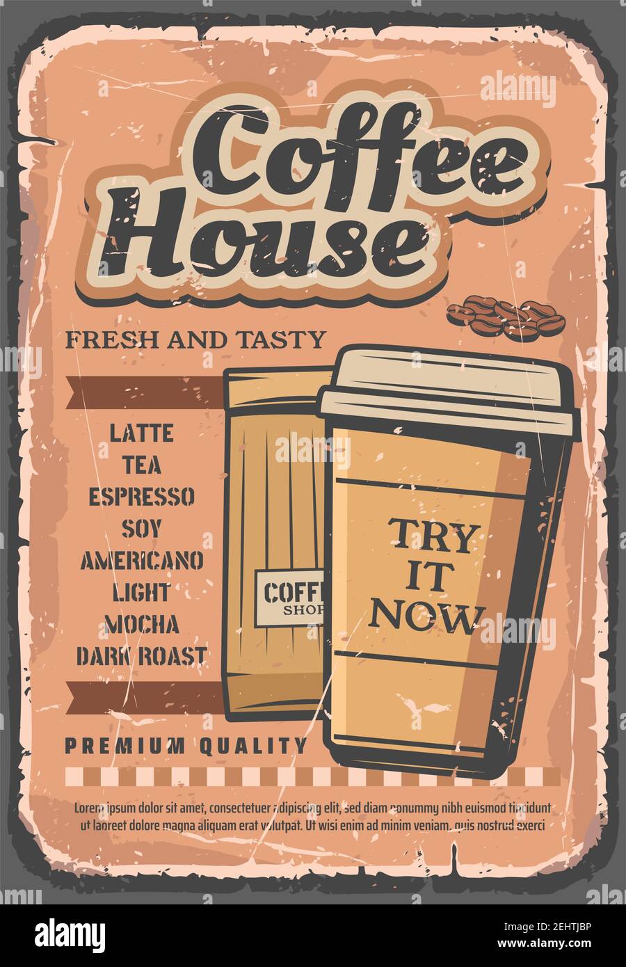 Coffee house retro poster, hot drink in paper cup with cover and ...