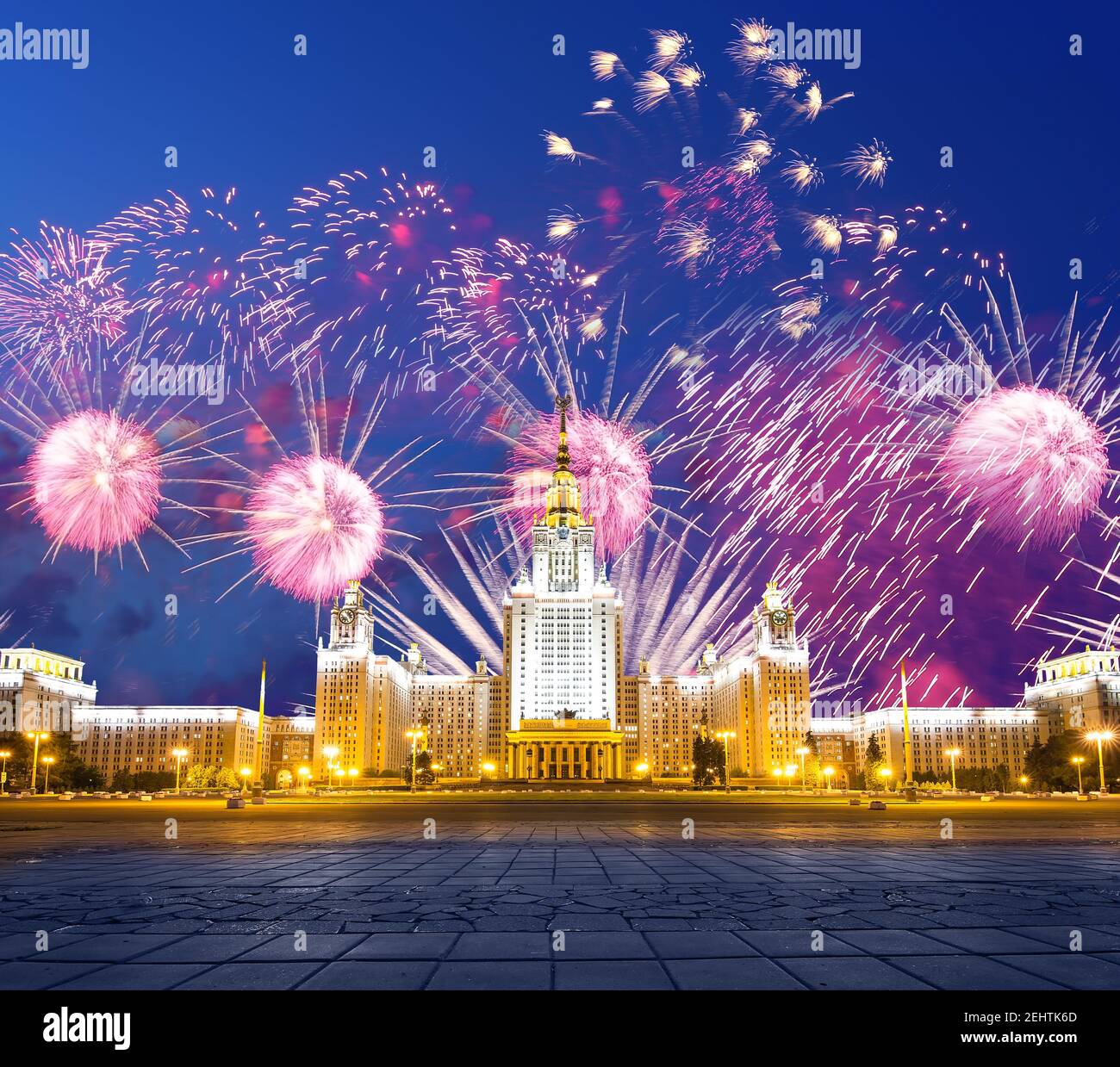 Lomonosov Moscow State University (main building) and fireworks in ...