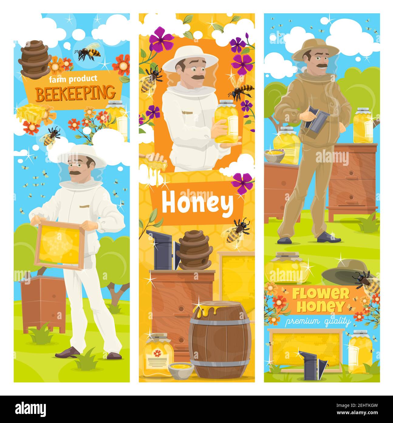 Vector beekeeping banners, apiary and beekeeper in protective suit. Man ...