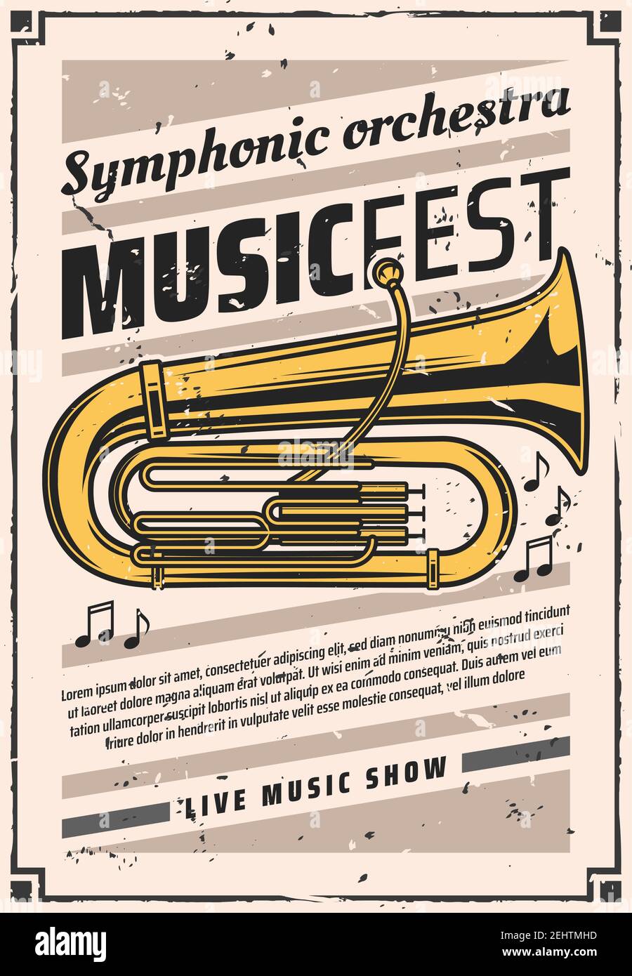 Music fest of symphonic orchestra vector retro poster with golden tuba ...