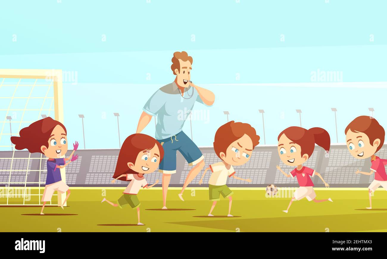 Kids sport cartoon vector illustration with soccer team playing on ...
