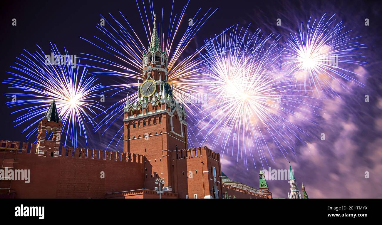 The Spasskaya Tower and fireworks in honor of Victory Day celebration ...