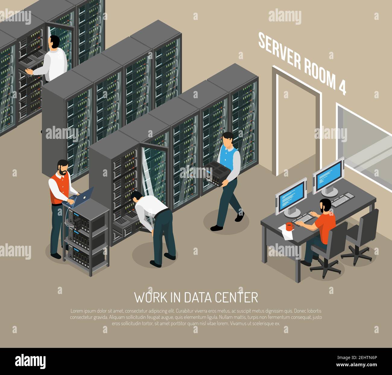Work in data center isometric vector illustration with programmer at working place and engineers ...