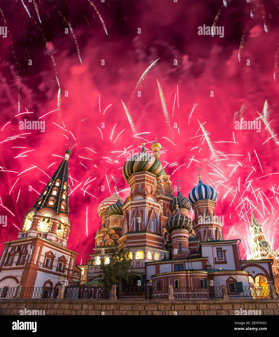 Temple of Basil the Blessed and fireworks in honor of Victory Day ...