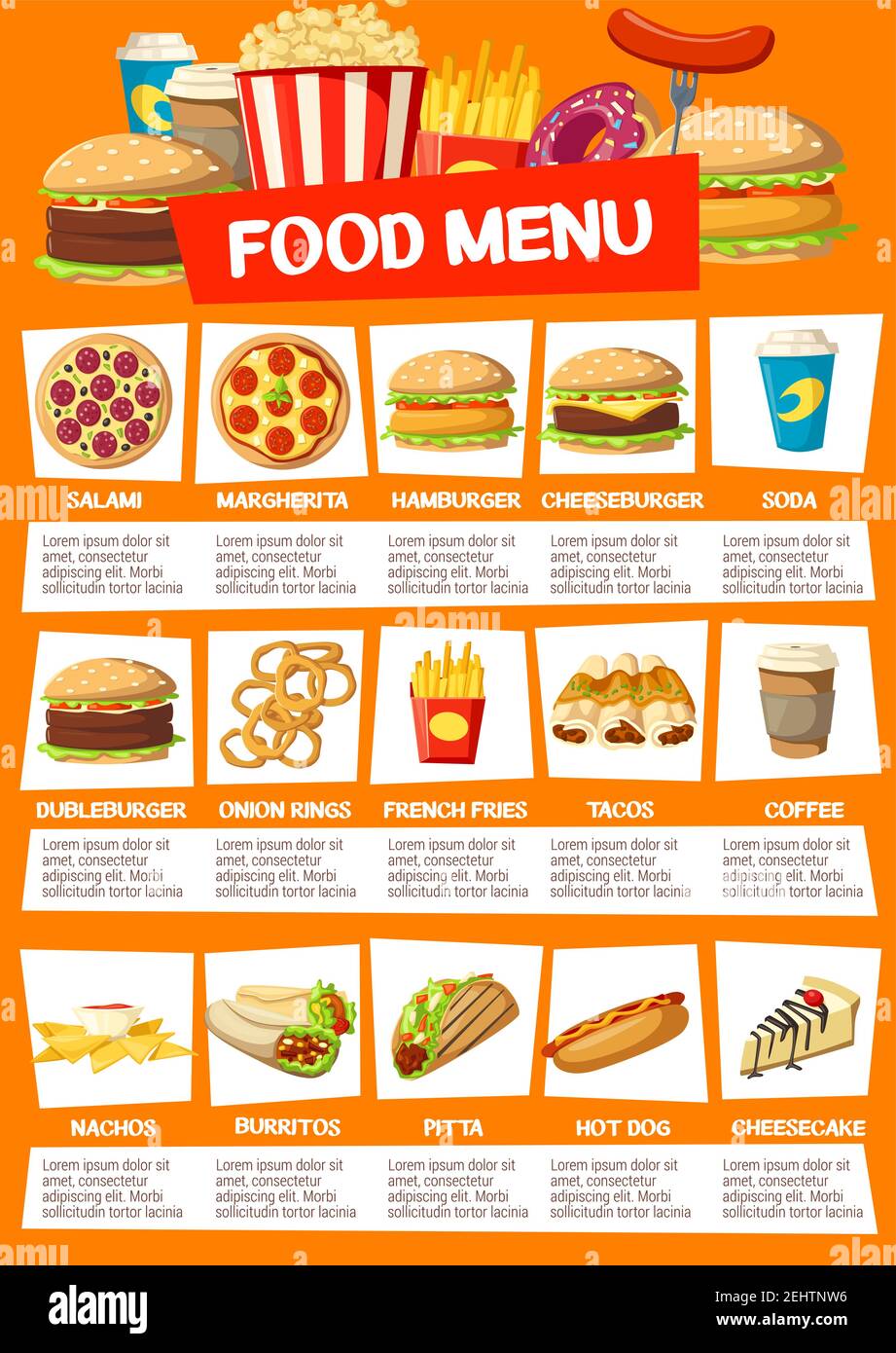 Fast food restaurant menu. Vector pizza, cheeseburger or hamburger ...