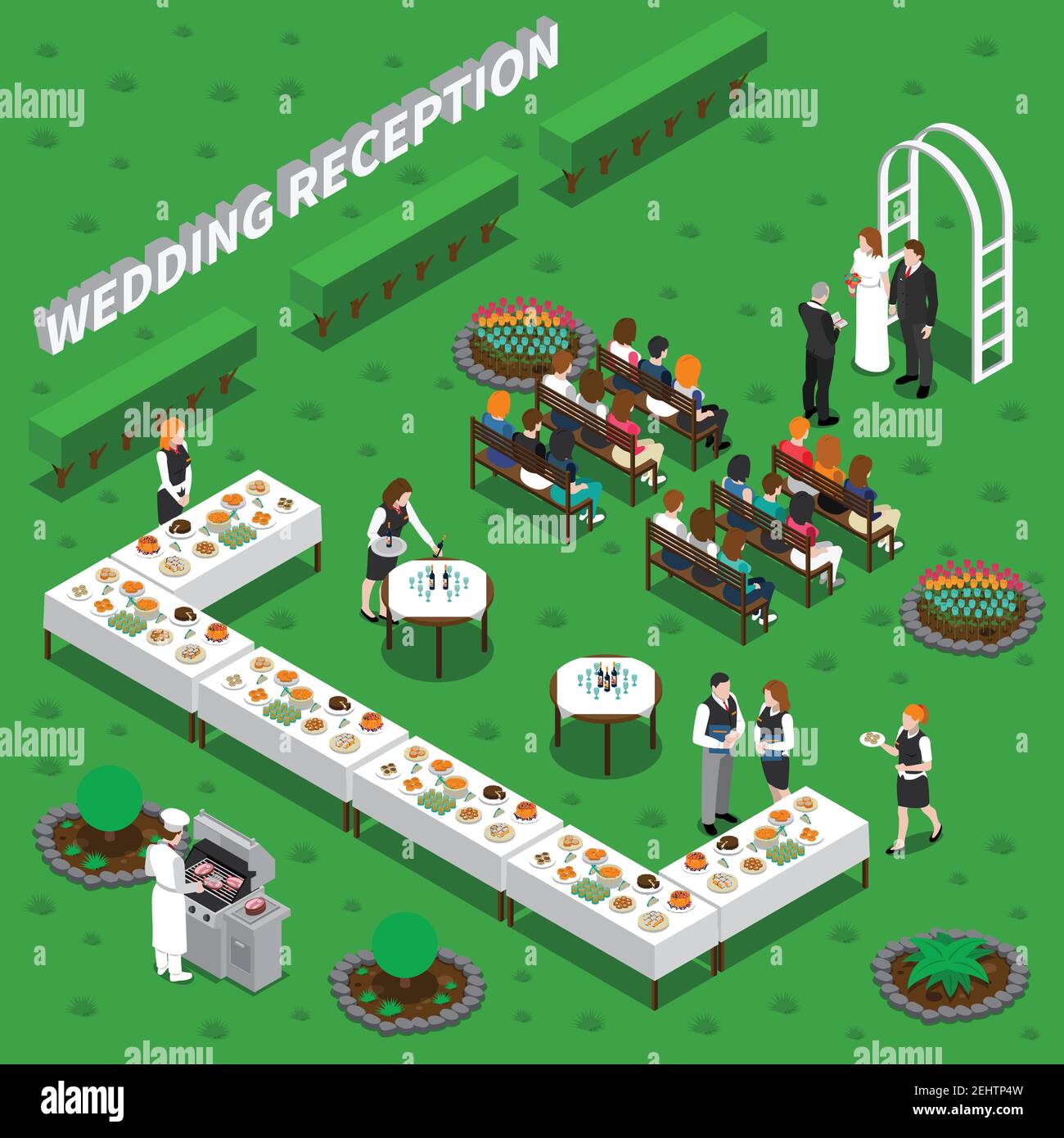 Wedding reception catering services isometric composition with ceremony ...