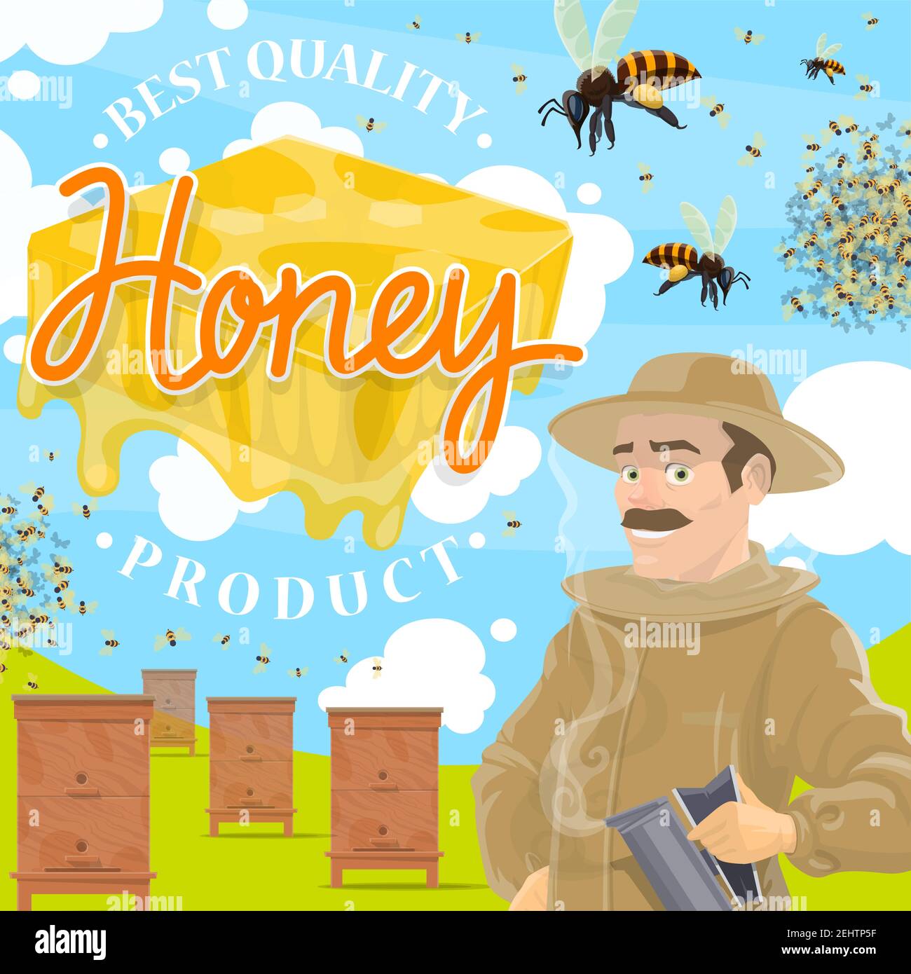 Beekeeping farm, apiary and beekeeper. Man in protective suit and ...