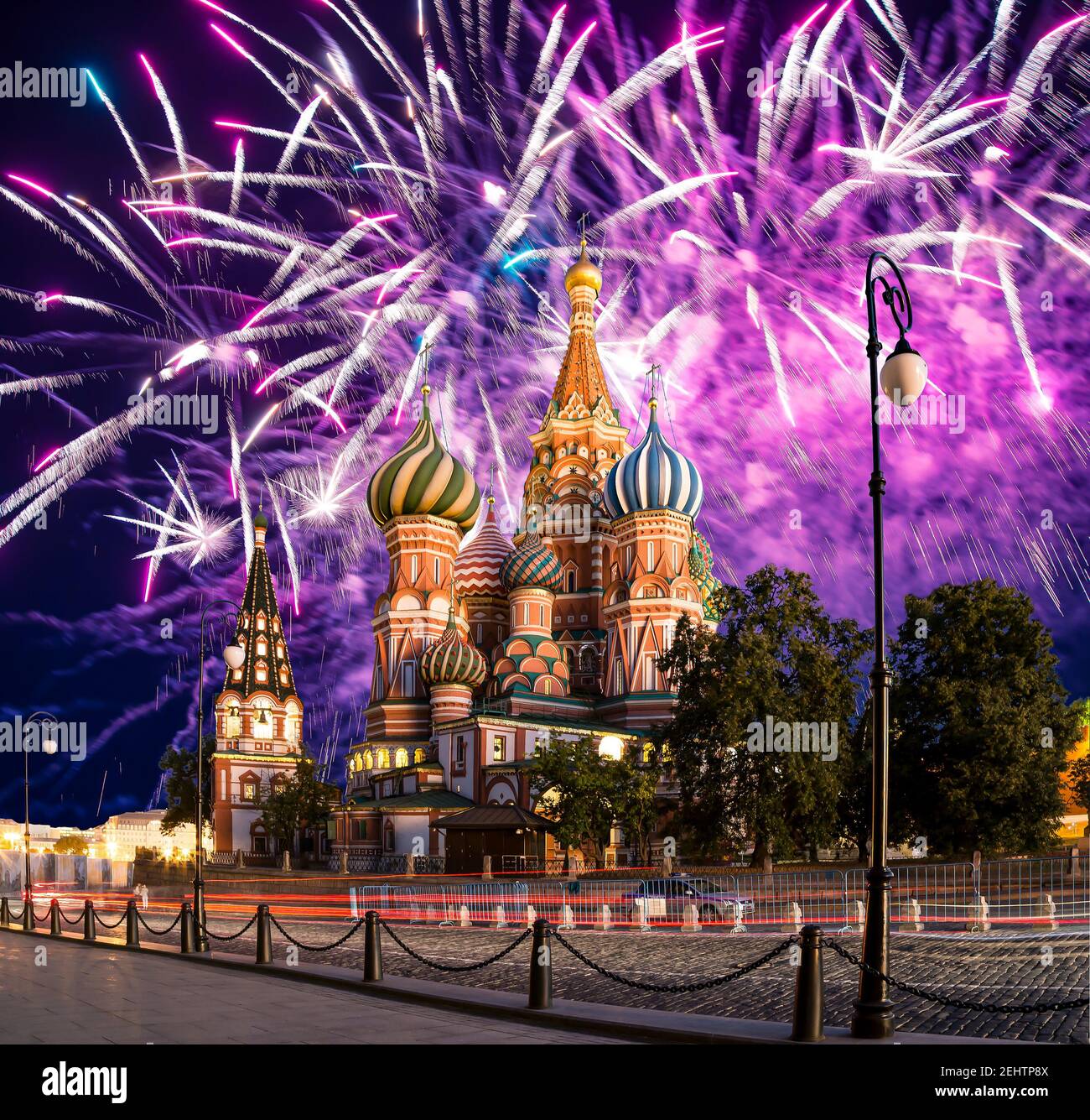 Temple of Basil the Blessed and fireworks in honor of Victory Day ...