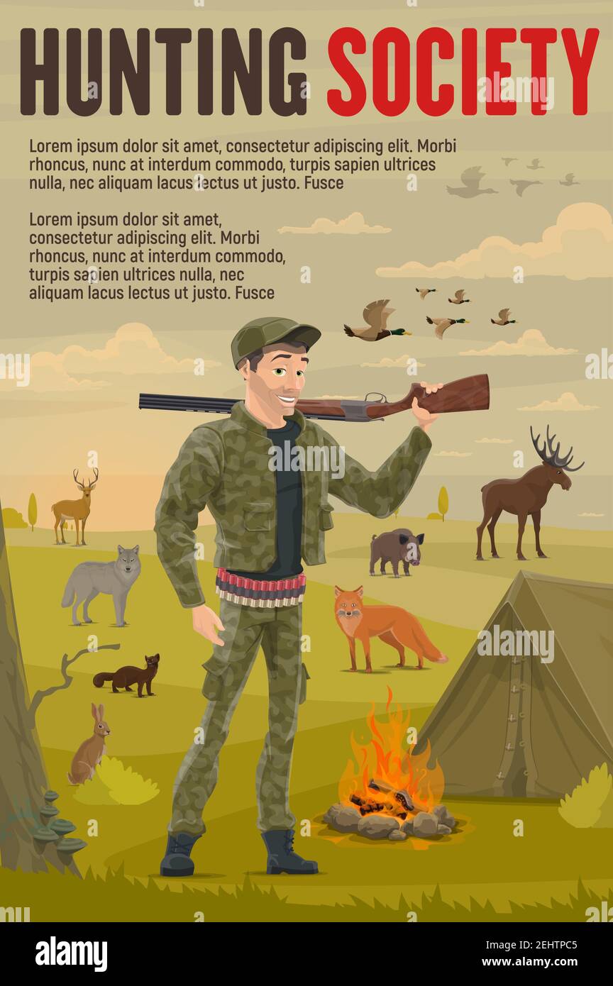 Hunter with hunting sport equipment, gun or shotgun weapon near camp ...