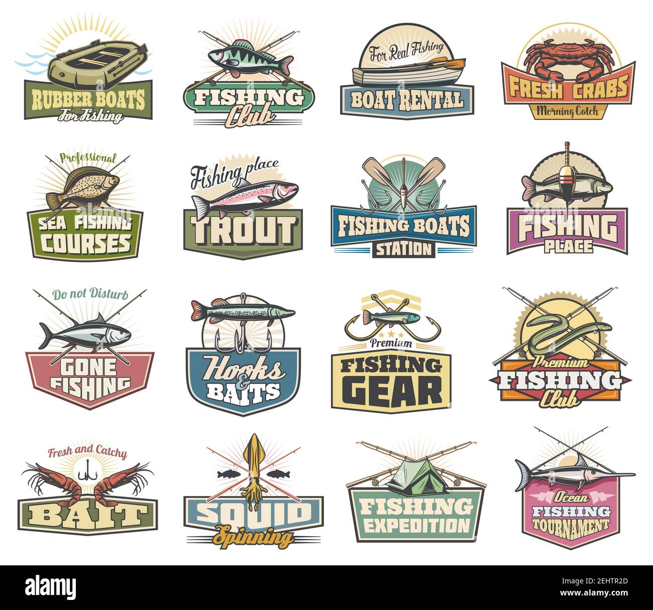 Fishing sport club and fishery vector icons. Rubber boat and rod, crab ...